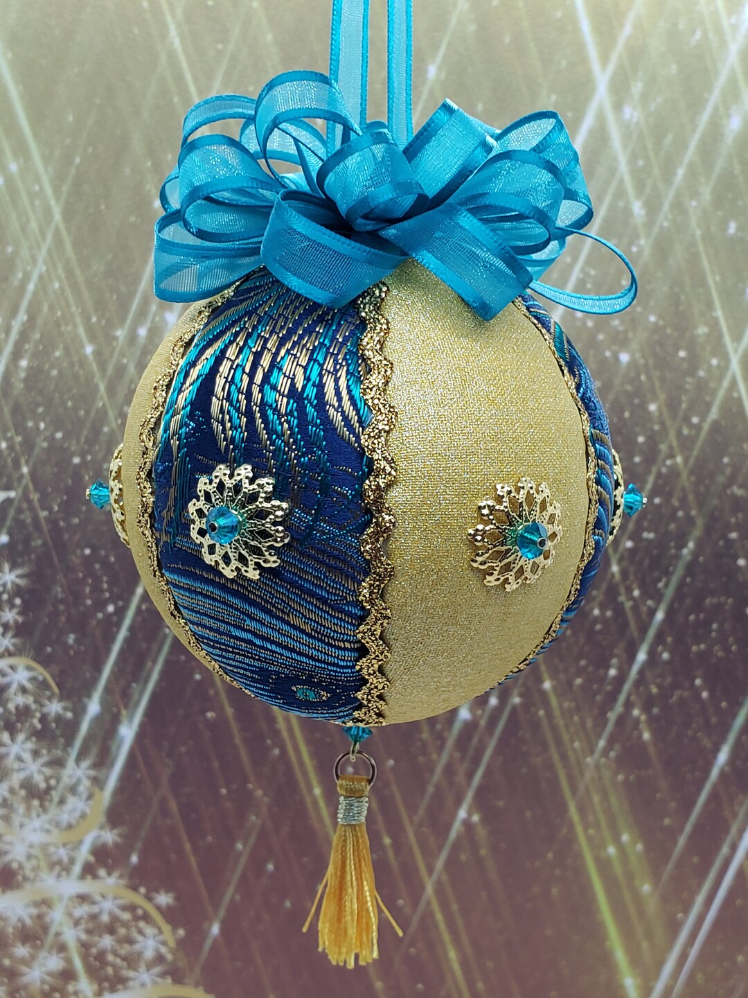 F33 - Blue, Teal and Gold Kimekomi Fabric No Sew Ornament With Tassel ...