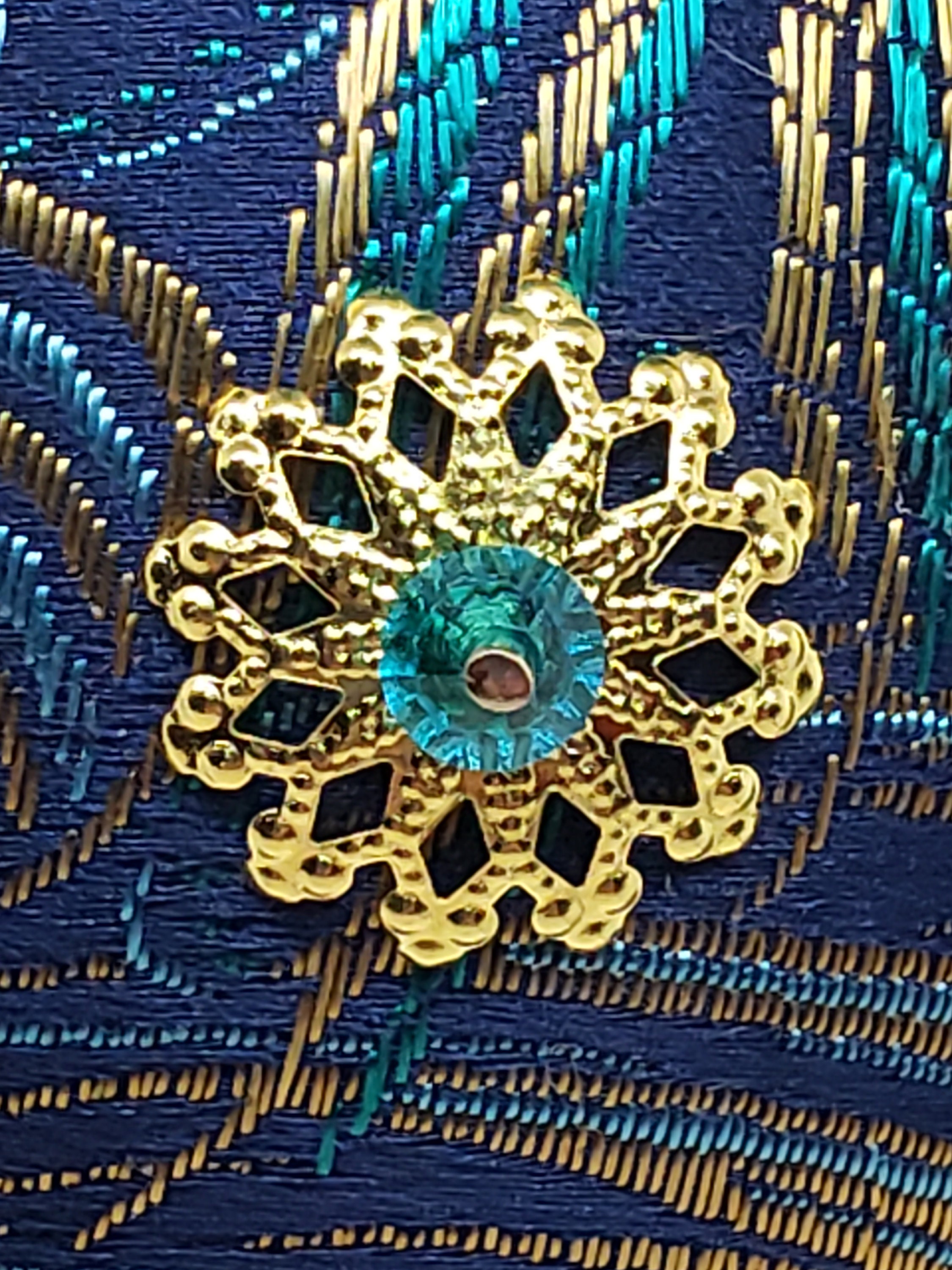 F33 Blue, Teal and Gold Kimekomi Fabric No Sew Ornament With Tassel and ...