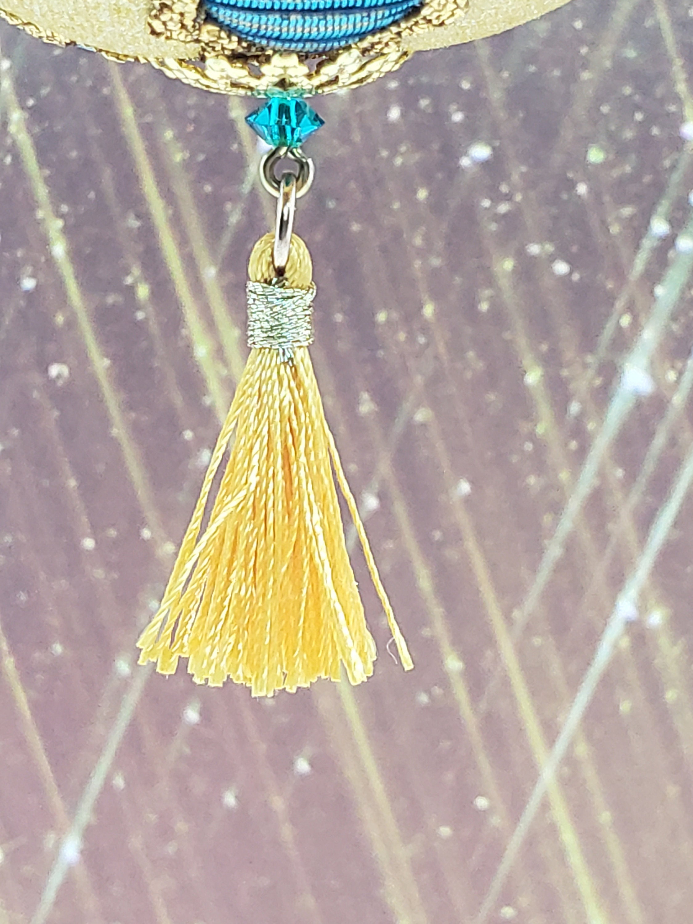 F33 Blue, Teal and Gold Kimekomi Fabric No Sew Ornament With Tassel and ...