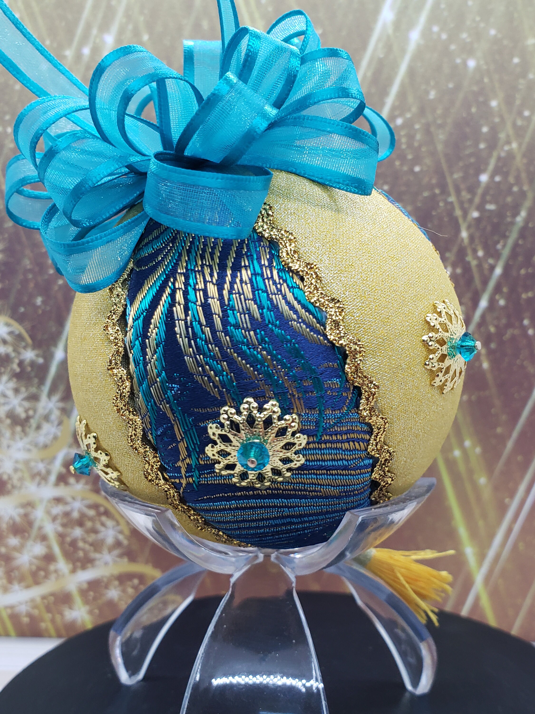 F33 - Blue, Teal and Gold Kimekomi Fabric No Sew Ornament With Tassel ...