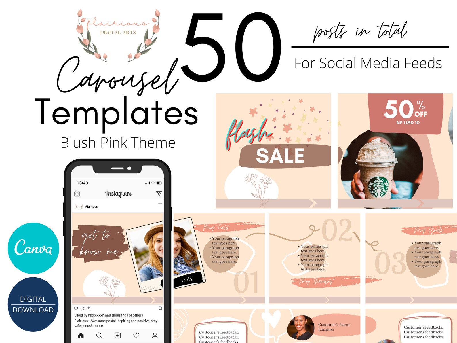 Pink Blush Instagram Carousel Post Templates, Canva Templates for IG ...