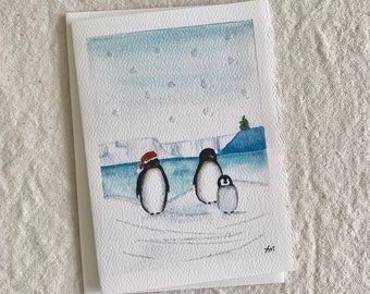 Adorable Winter Penguin Watercolor Card 5x7 Blank, Hand Painted Holiday ...