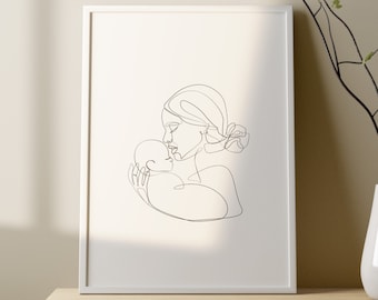 Mother and Baby Wall Line Art, Mother Holding a Baby Print, Nursery ...