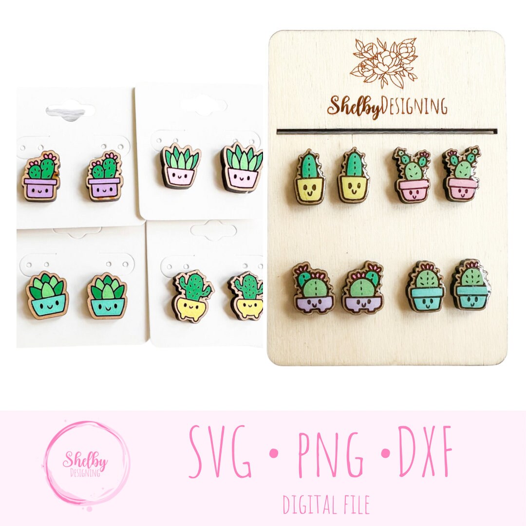 Kawaii Succulent & Cactus Stud Set SVG BUNDLE Earrings, Cute Glowforge ...