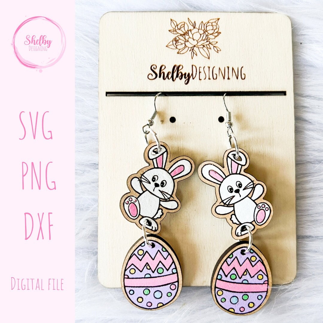 Svg Cute Easter Bunny & Egg Dangle Earrings File, Glowforge SVG ...