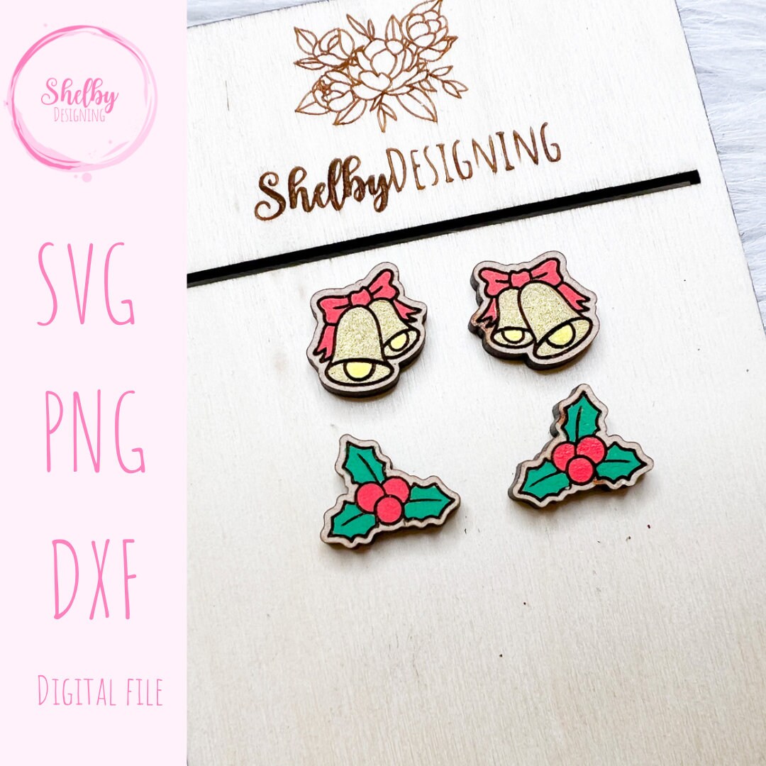 Christmas Bells & Mistletoes Stud Earrings SVG, Glowforge SVG Stud Earring File, Christmas ...
