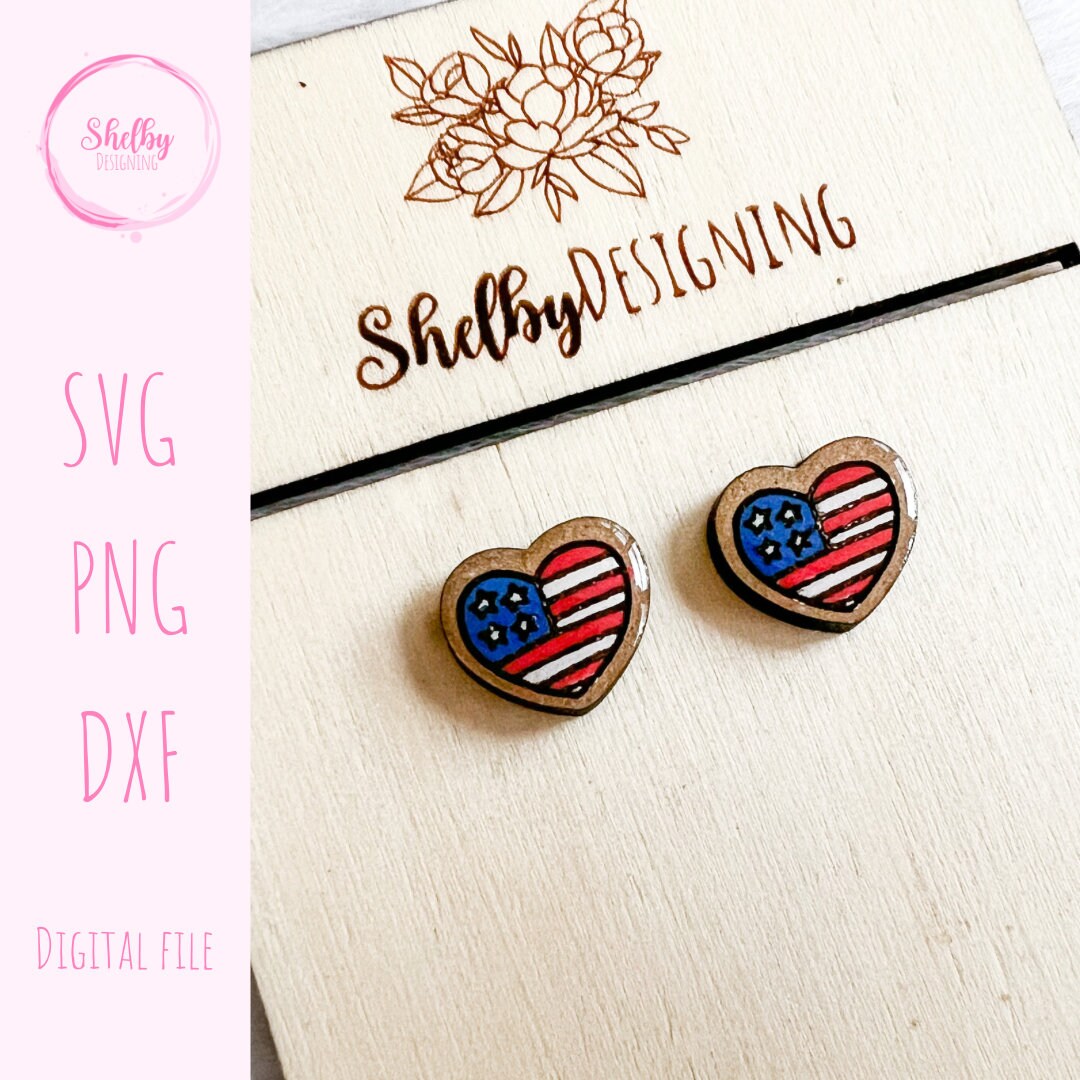 Cute American Flag Heart Stud SVG Earrings, Glowforge SVG Summer 4th of ...