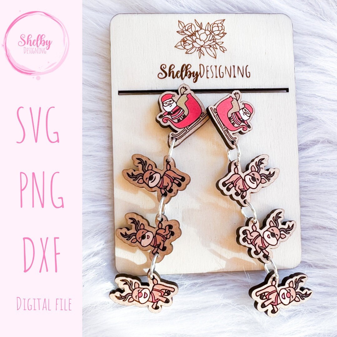 Santa Sleigh W Reindeer Dangle SVG Earrings Glowforge SVG - Etsy