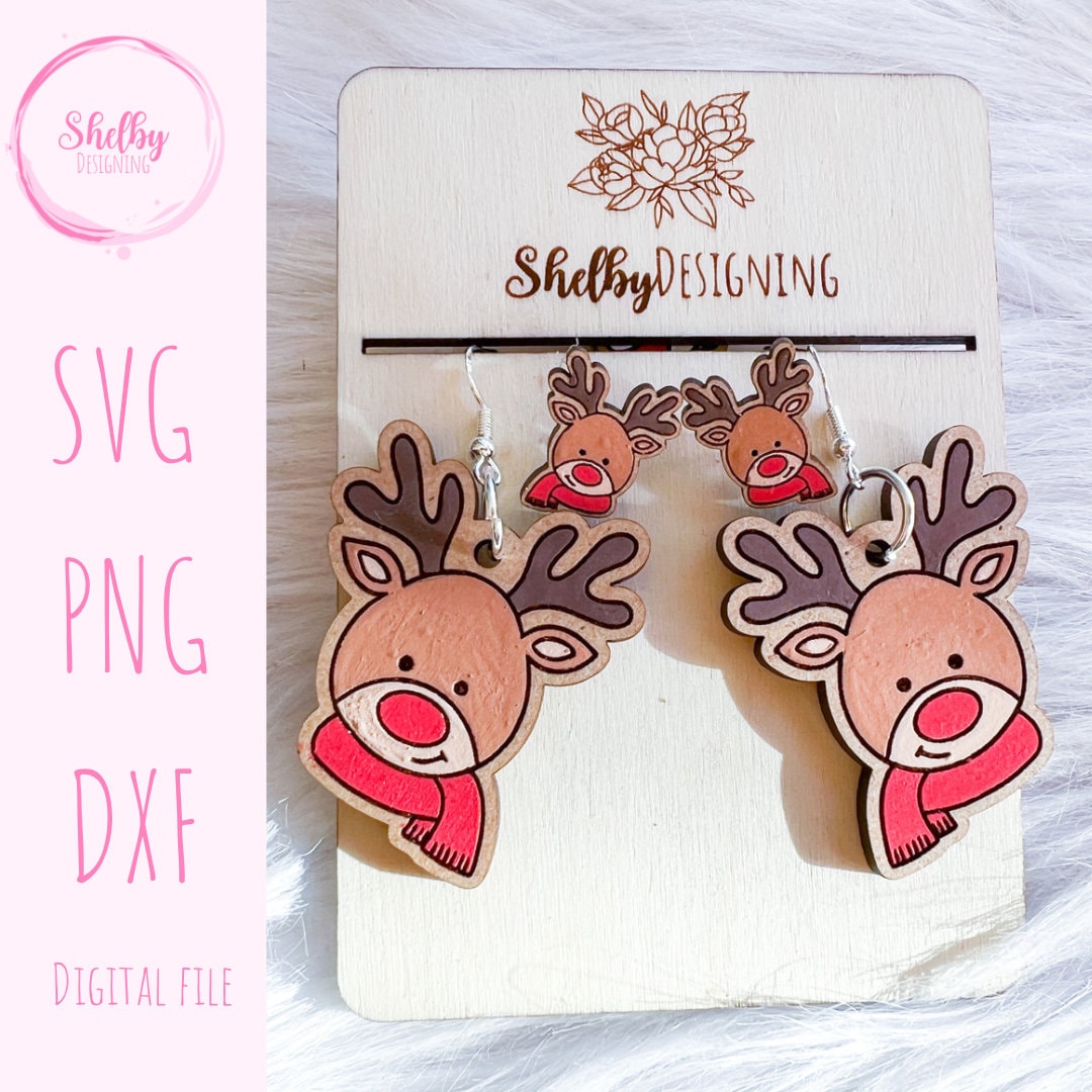 Rudolph Reindeer Head SVG Earrings, Glowforge SVG Earring Files ...