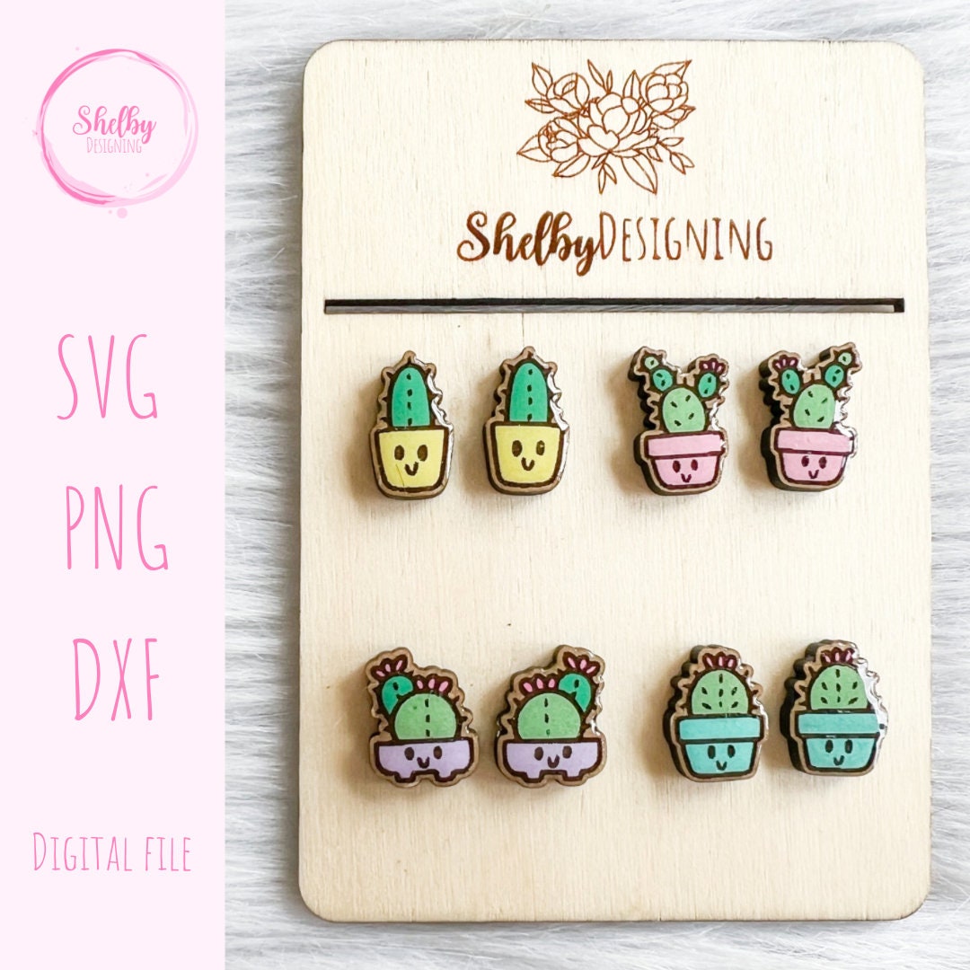 Kawaii Cactus Stud Set SVG Earrings, Cute Glowforge SVG Earring Files ...