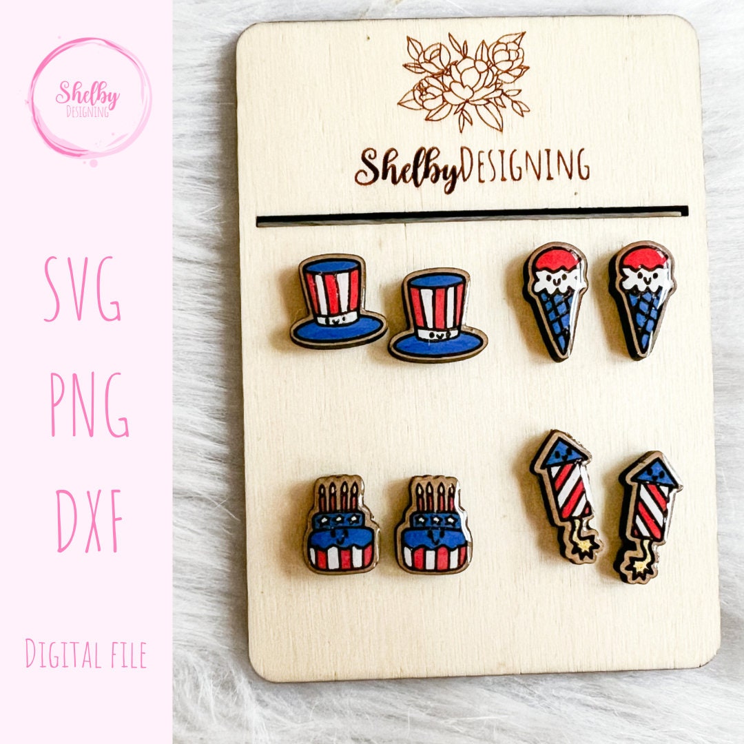 Kawaii Cute Fourth of July Stud SVG Earrings, Glowforge SVG Summer 4th ...