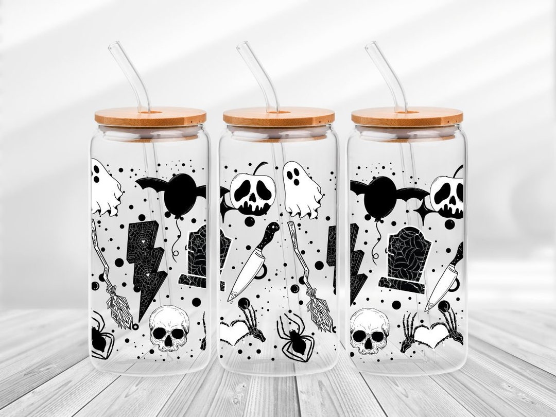 16 Oz Spooky Doodle Glass Can, Spooky Glass Can, Poison Apple Glass Can ...