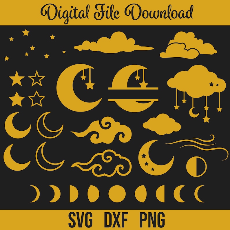 Night sky SVG Bundle, Star clipart for Digital Download, Sun and Moon ...