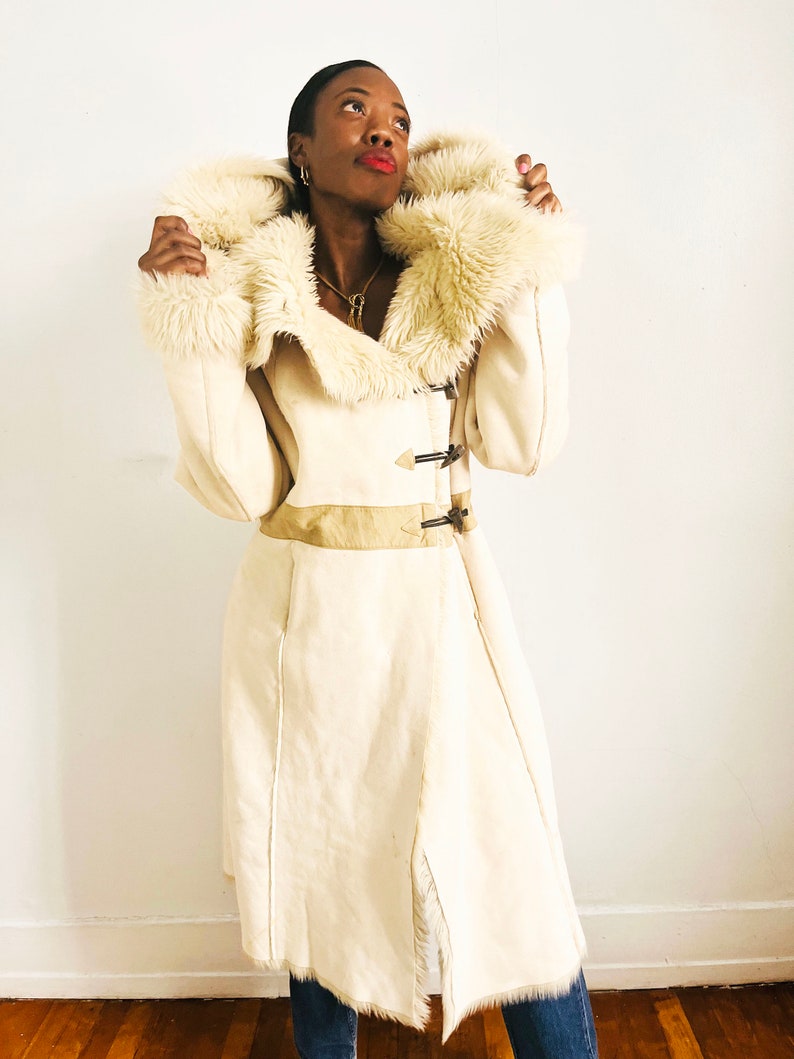 Y2K Vintage Penny Lane Faux Fur Coat, Boho Faux Fur 70s Style Coat, Suzani Afghan Style Hood ...