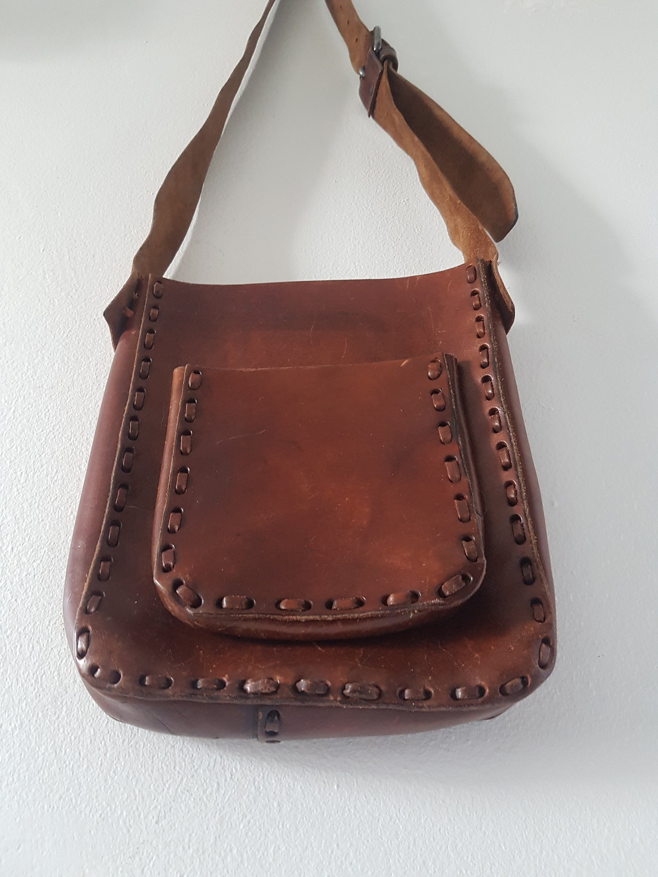 Vintage Rustic Brown Tooled Leather Bag, Unisex Brown Leather Bag ...