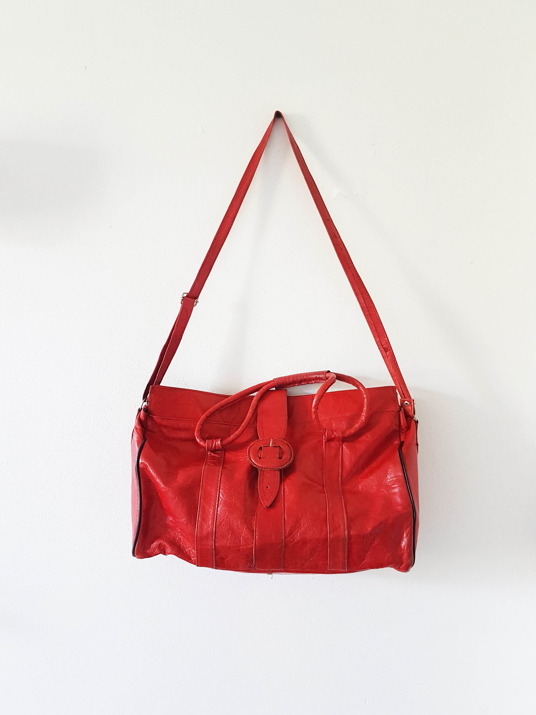 Vintage Distressed Red Leather Large Crossbody Bag. Red Leather ...