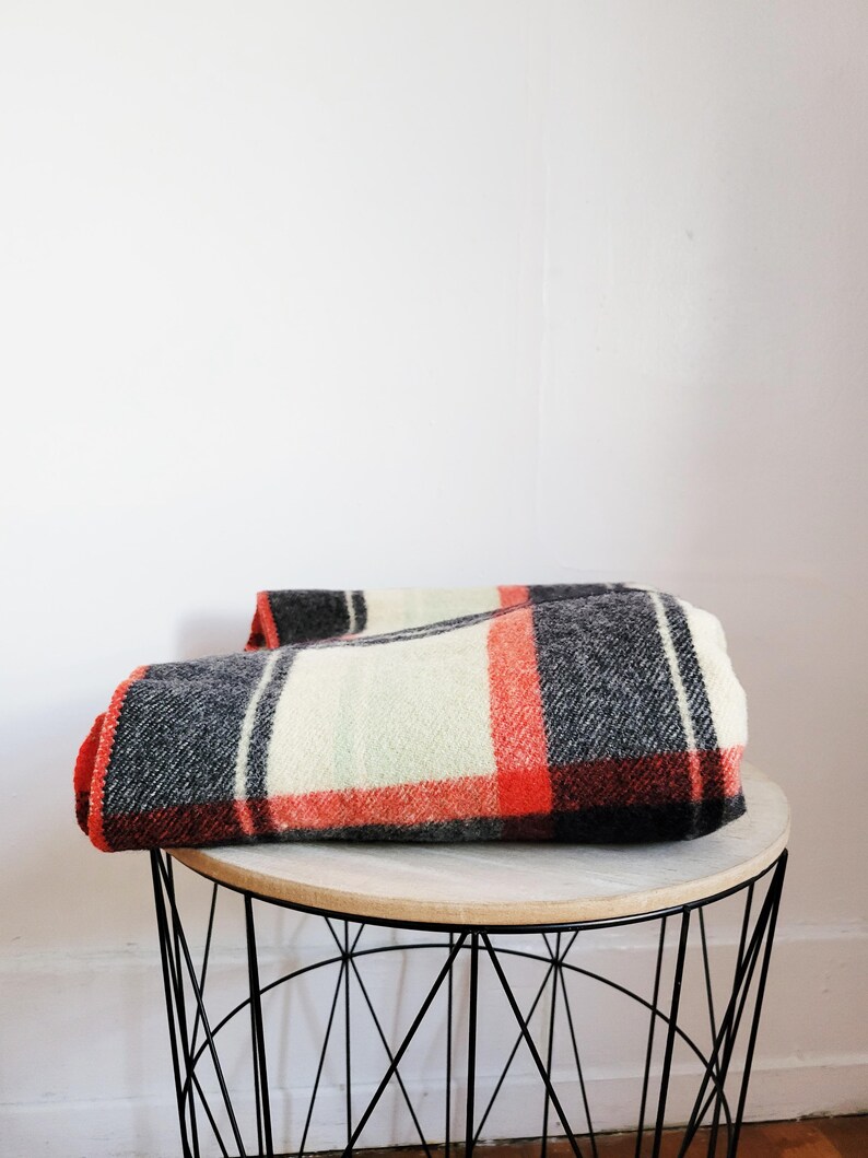 Vintage Plaid Wool Throw Blanket, Vintage Green Black Red Wool Blanket, Plaid Wool Throw Blanket ...