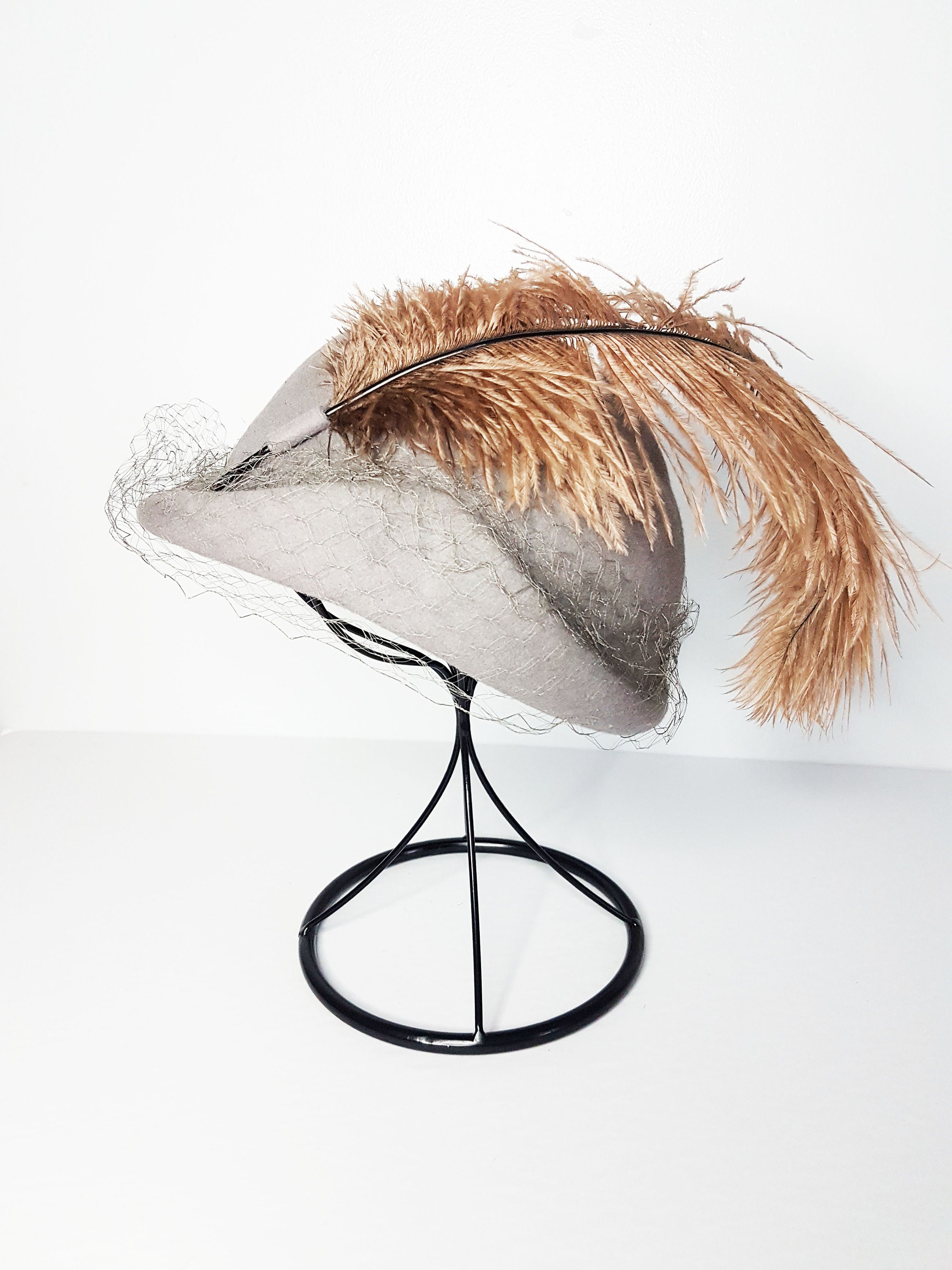 1960s Grey Wool Feather Hat, Mid-century Grey Andre Designer Wool Hat ...