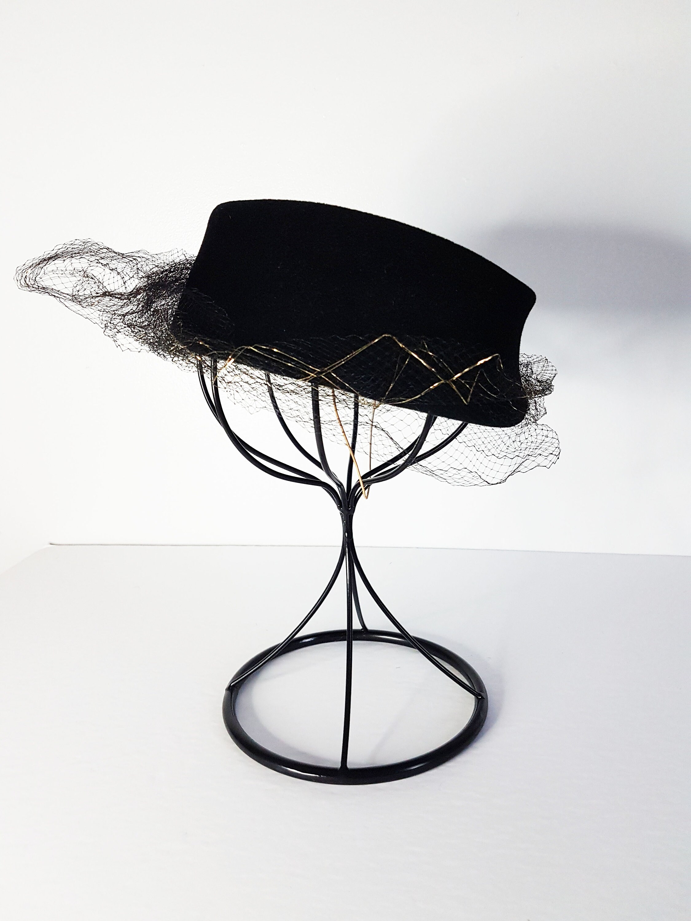 1960s Black Wool Veiled Half Hat, Mid-century Black Louise Salvail Wool ...