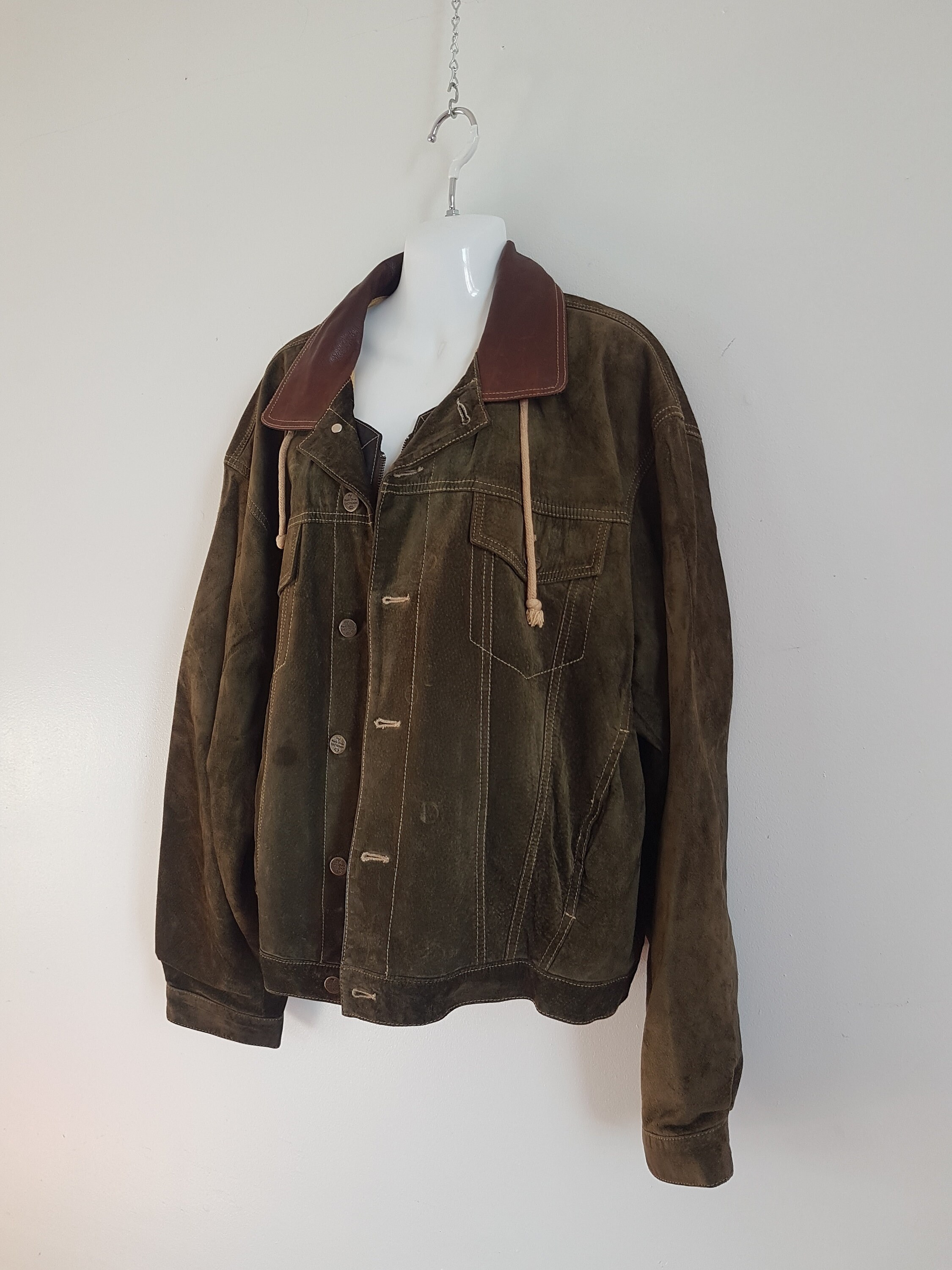 1990s Vintage Chevignon Denim Green Pig Suede Jacket Green