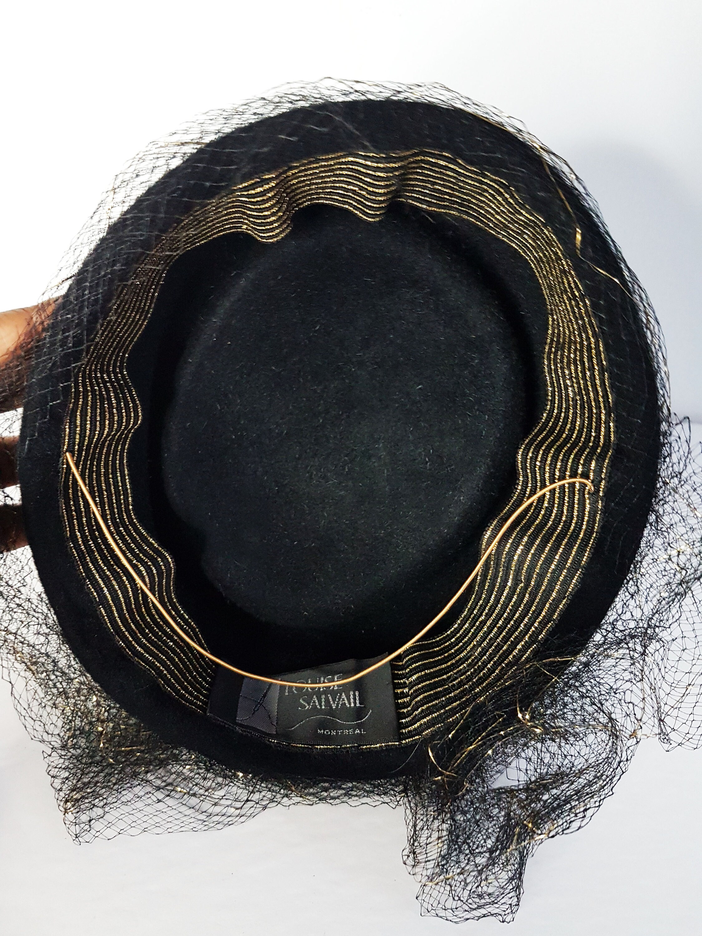 1960s Black Wool Veiled Half Hat, Mid-century Black Louise Salvail Wool ...