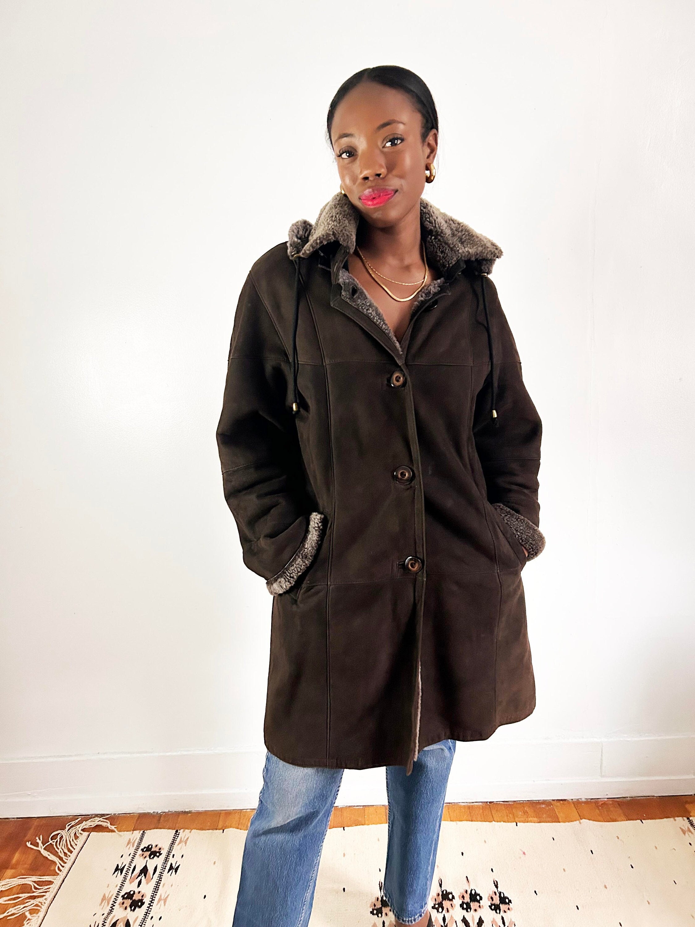 Brown Lambskin Shearling Parka, Vintage Hooded Faux Sheep Coat Size M ...