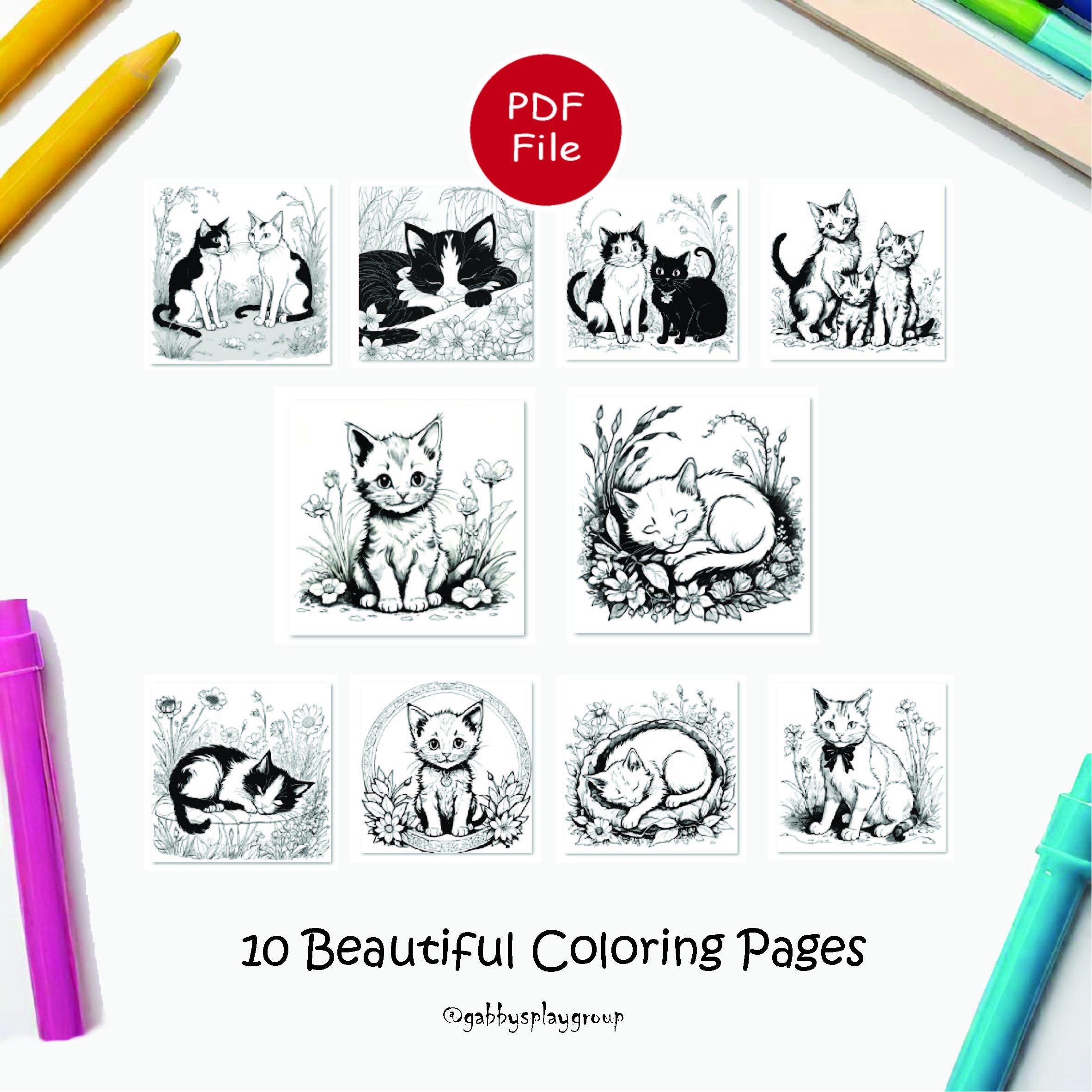 Kitty Cat / Kitten Coloring Page / Digital PDF File / 10 Pages ...