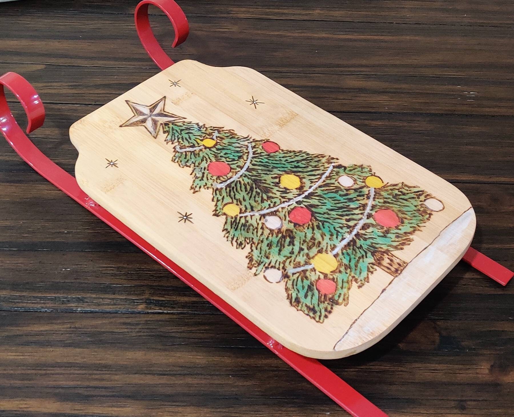 Hand Drawn Painted Christmas Sleigh Display Board, Handmade Tree Design ...