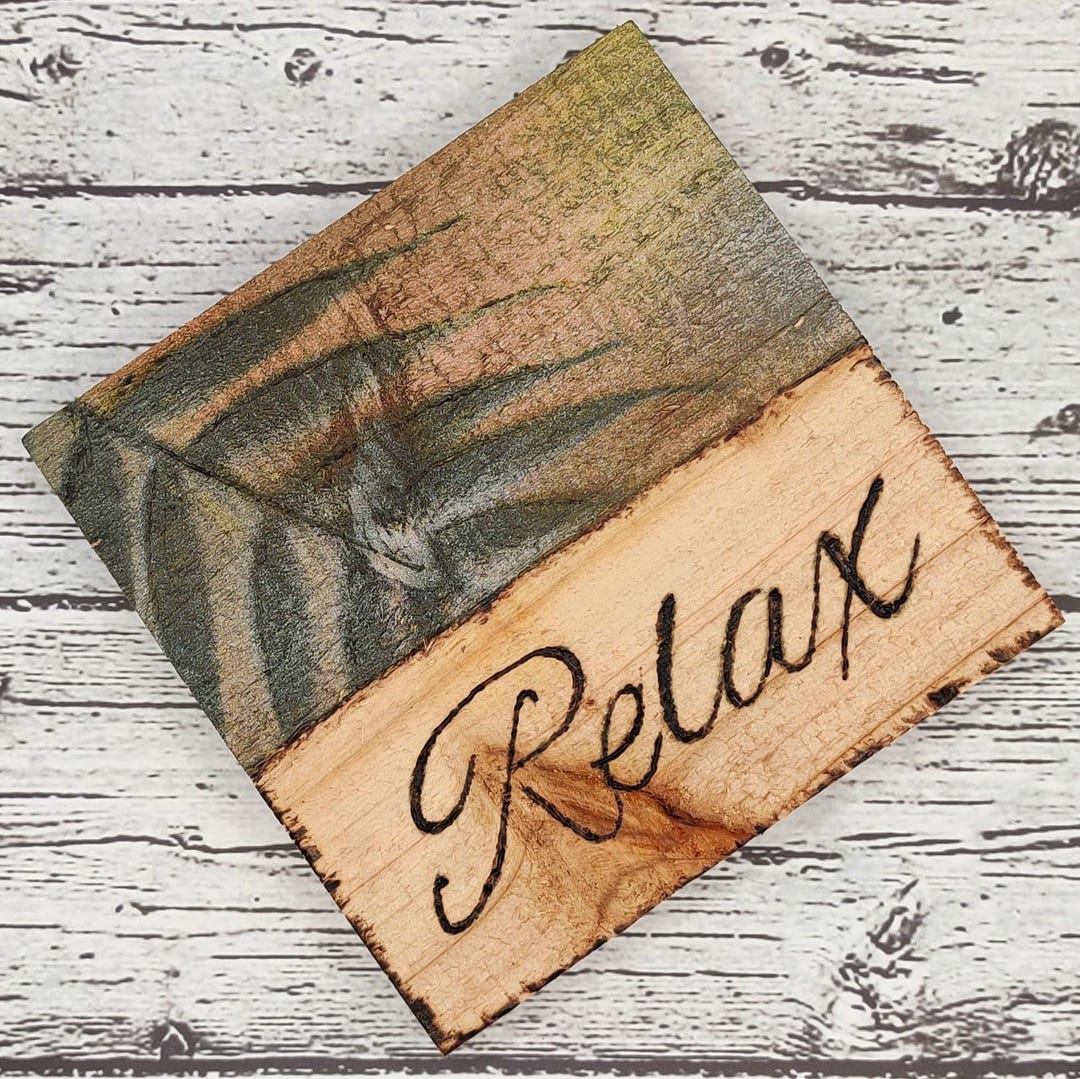 Small Relax Cedar Wood Block Sign, Inspiration Hand Painted Palm Leaf ...