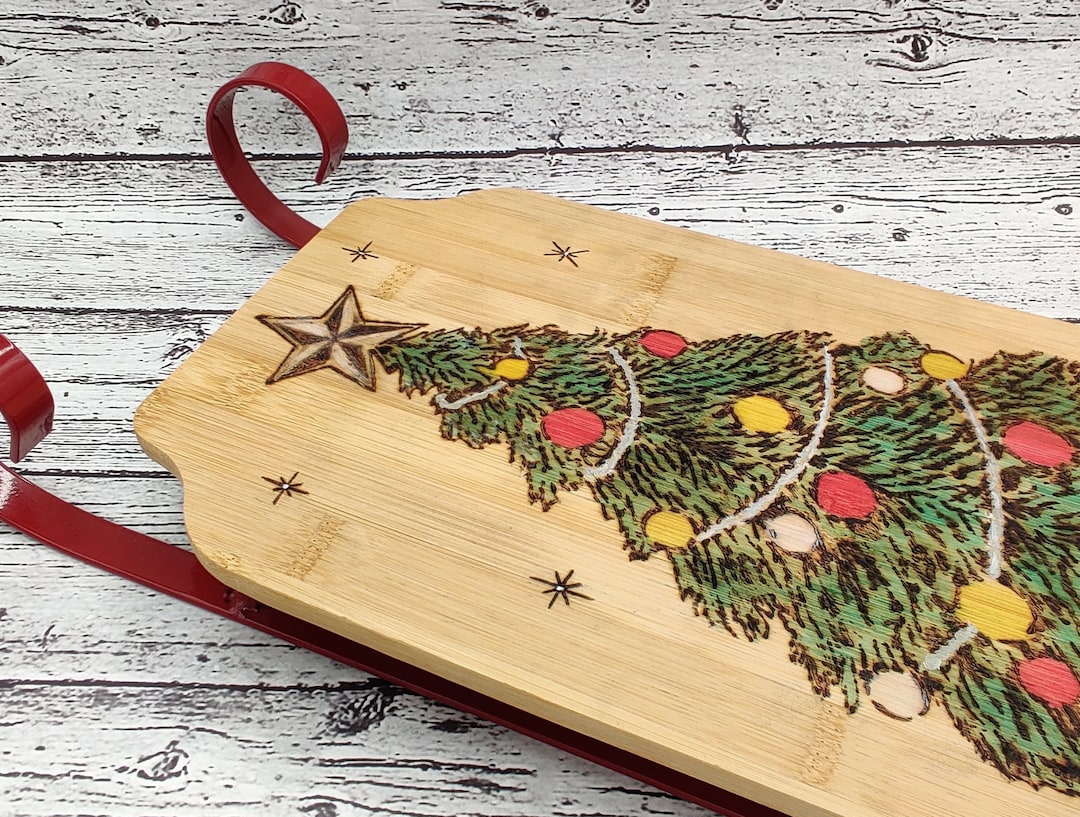 Hand Drawn Painted Christmas Sleigh Display Board, Handmade Tree Design ...