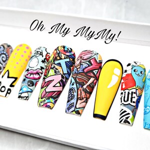 POP ART Press-on Nails Comic Pow Nails Summer Fake Nails Glue on Nails ...