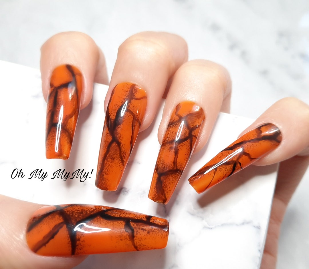 FLAME Set Burnt Orange Nail Marble Nails Luxury Press on Nail Hand ...