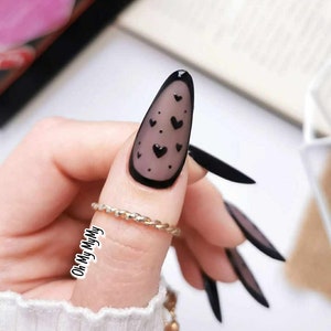 SHEER BLACK HEART Press on Nails Valentine Nail Matte False Nail Fake ...