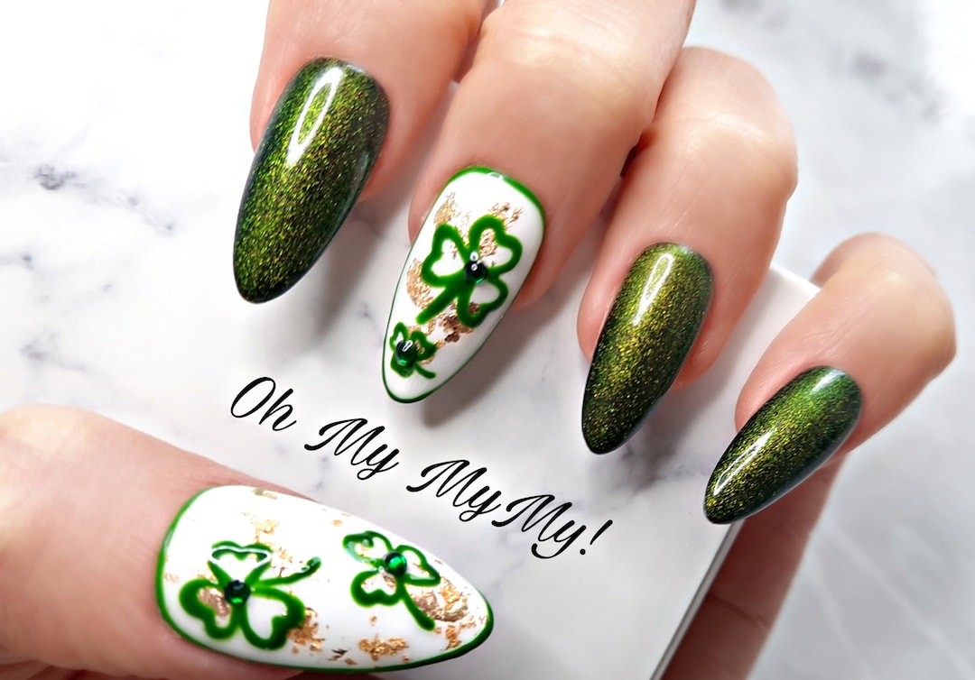 GOLD CLOVER Nail Set Saint Patrick's Day Nails Luxury Press on Nailhand ...