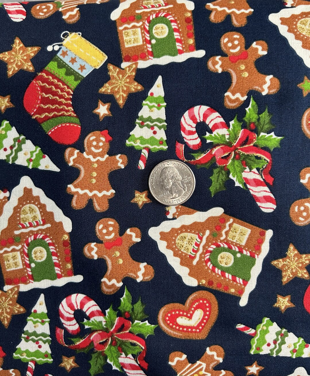 Gingerbread Man and Gingerbread Houses on Navy Background 100% Cotton ...