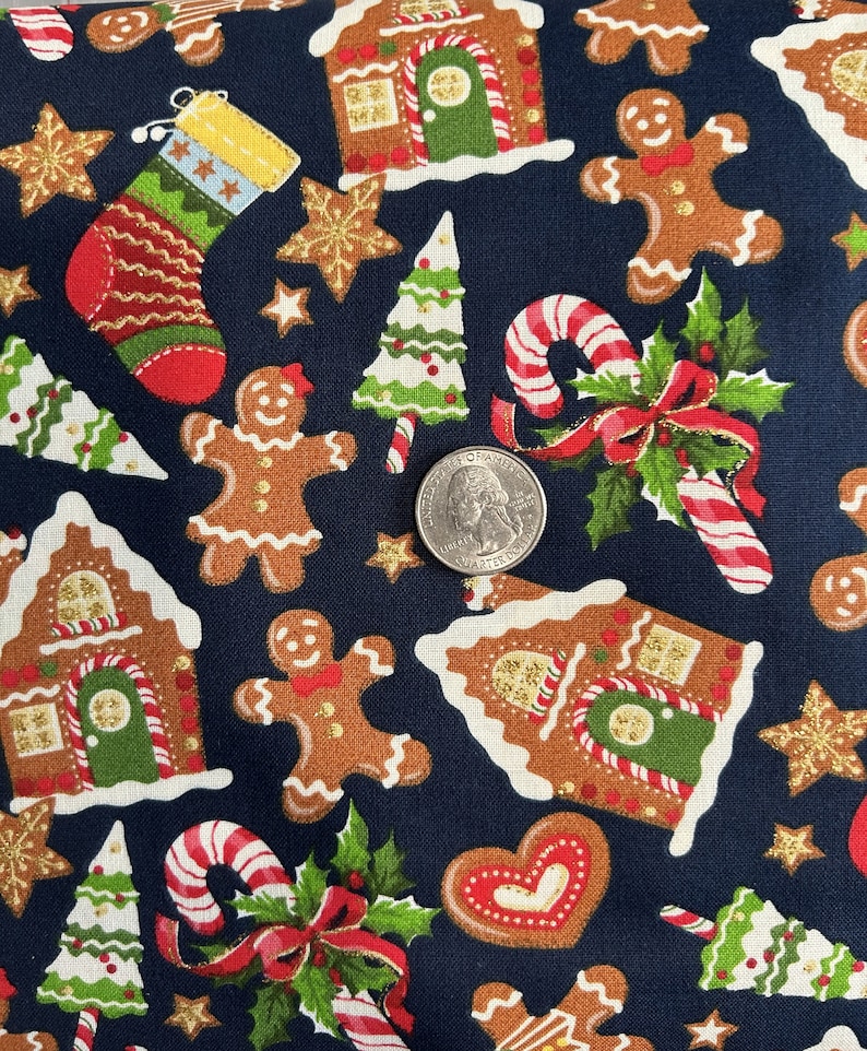 Gingerbread Man and Gingerbread Houses on Navy Background 100% Cotton ...