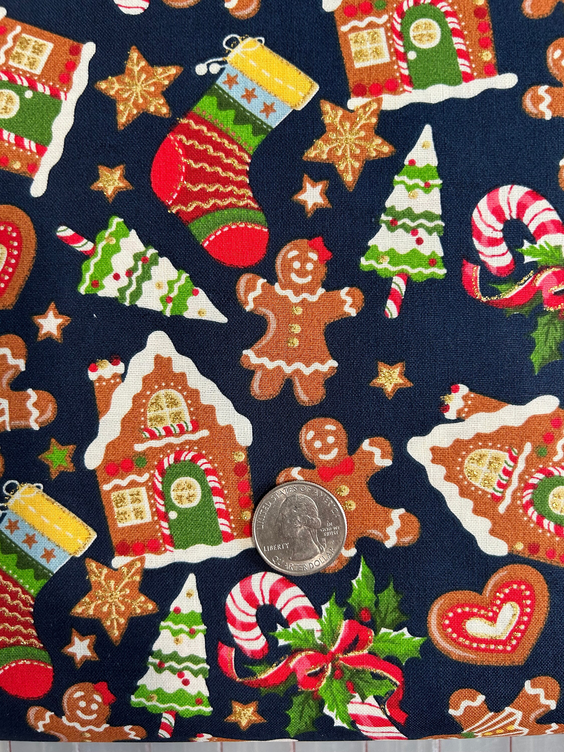 Gingerbread Man and Gingerbread Houses on Navy Background 100% Cotton ...