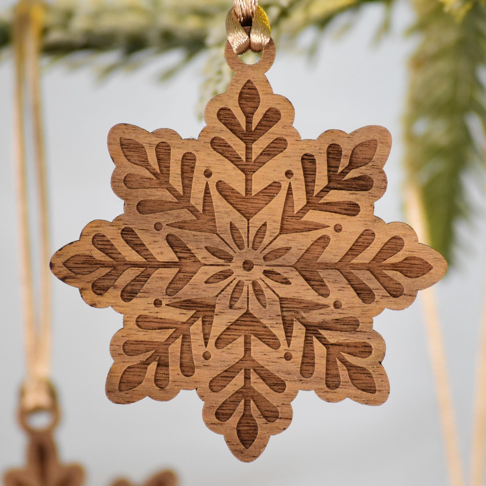 Engraved Walnut Wood Snowflake Ornament Set: Scandinavian Christmas ...