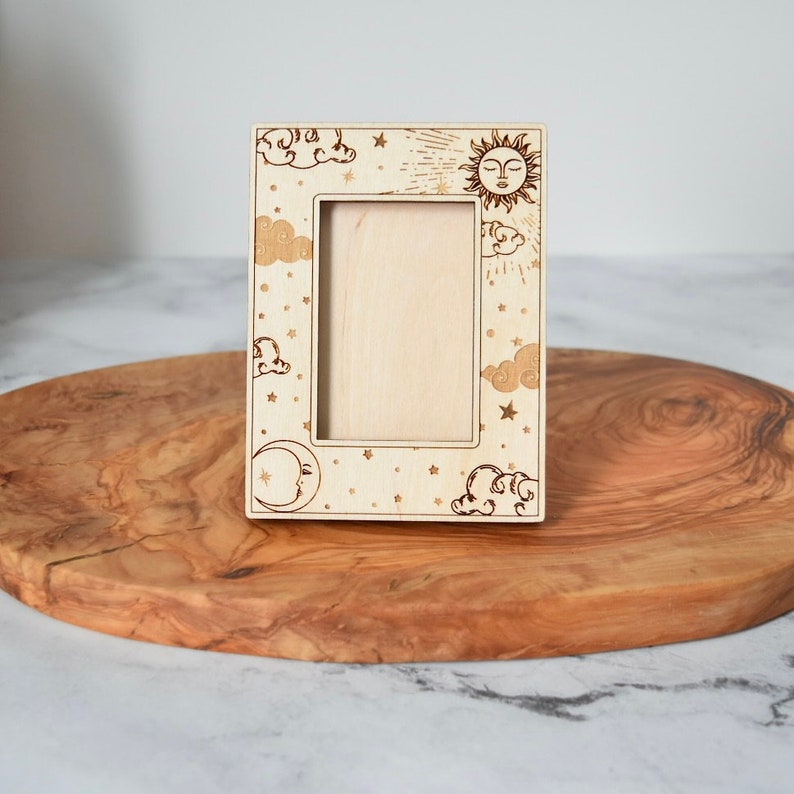 Celestial Sun & Moon Wood Photo Frame: Engraved Boho Decor (2x3 Photo ...