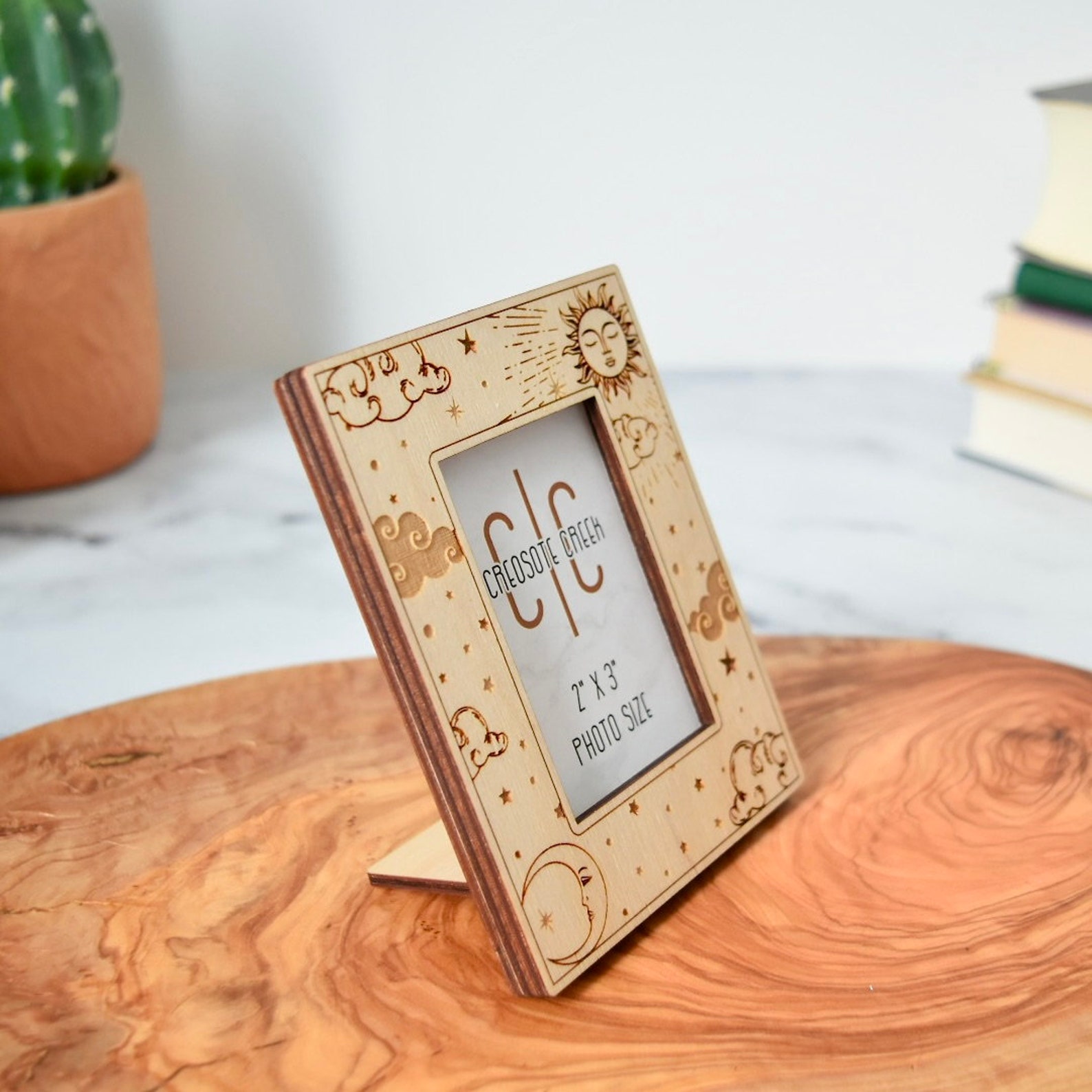 Celestial Sun & Moon Wood Photo Frame: Engraved Boho Decor (2x3 Photo ...