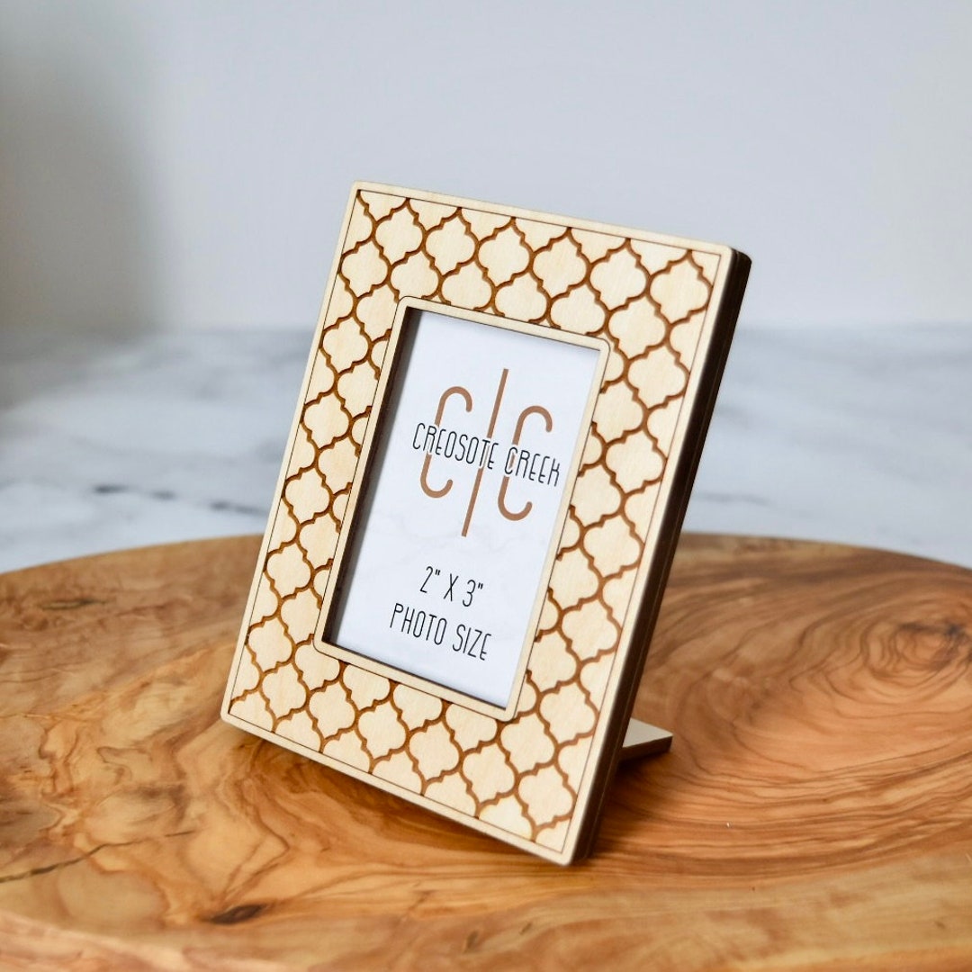 Mini Wooden Photo Frame: Laser Engraved Quatrefoil Pattern, Magnetic or ...