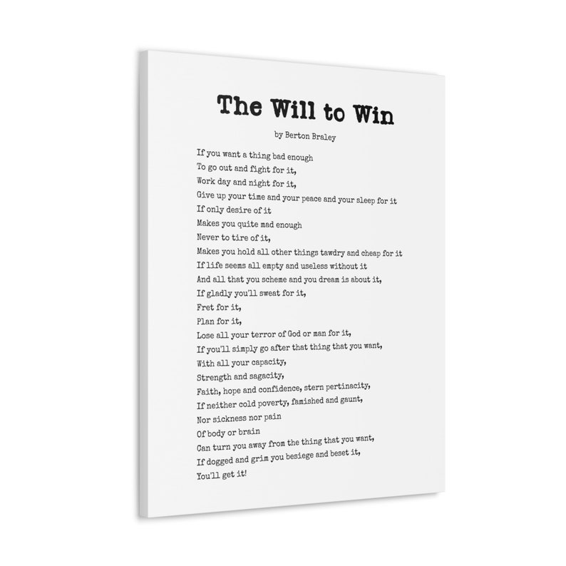 The Will to Win, CANVAS GALLERY WRAP, Motivational Inspirational Poem ...