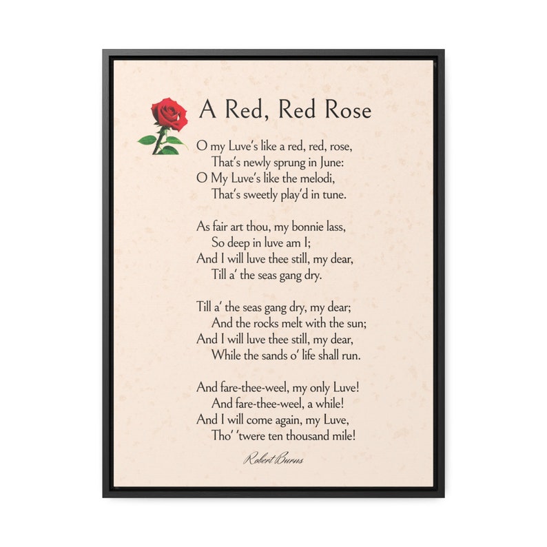 Encadré, poème de Robert Burns sur toile, Une rose rouge , oeuvre d'art ...