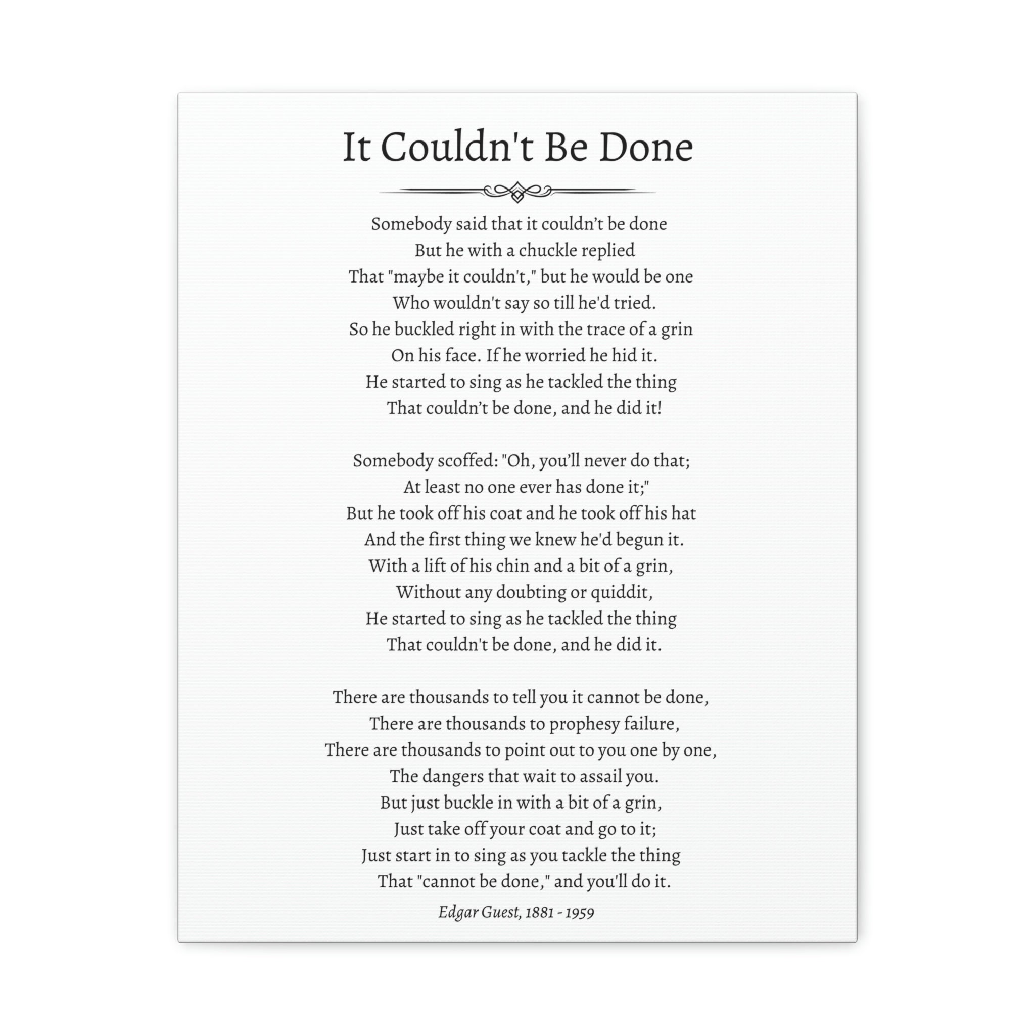 It Couldn't Be Done, Classic Poem by Edgar Guest, High Quality Canvas ...