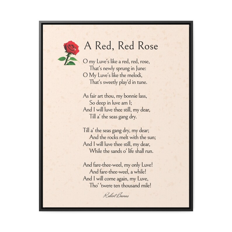 Framed Robert Burns Poem on Canvas, "a Red, Red Rose", Famous Poem Wall ...