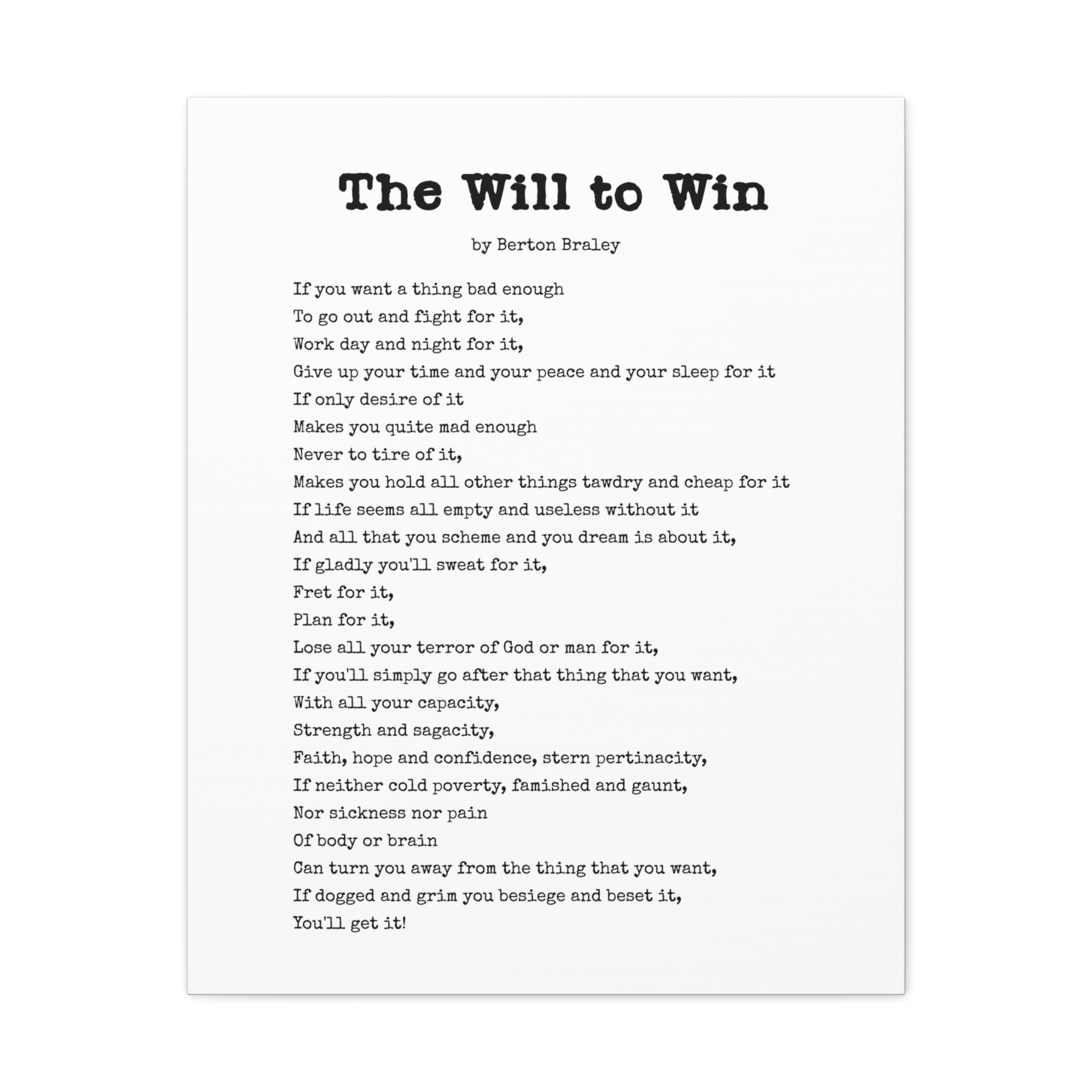 The Will to Win, CANVAS GALLERY WRAP, Motivational Inspirational Poem ...