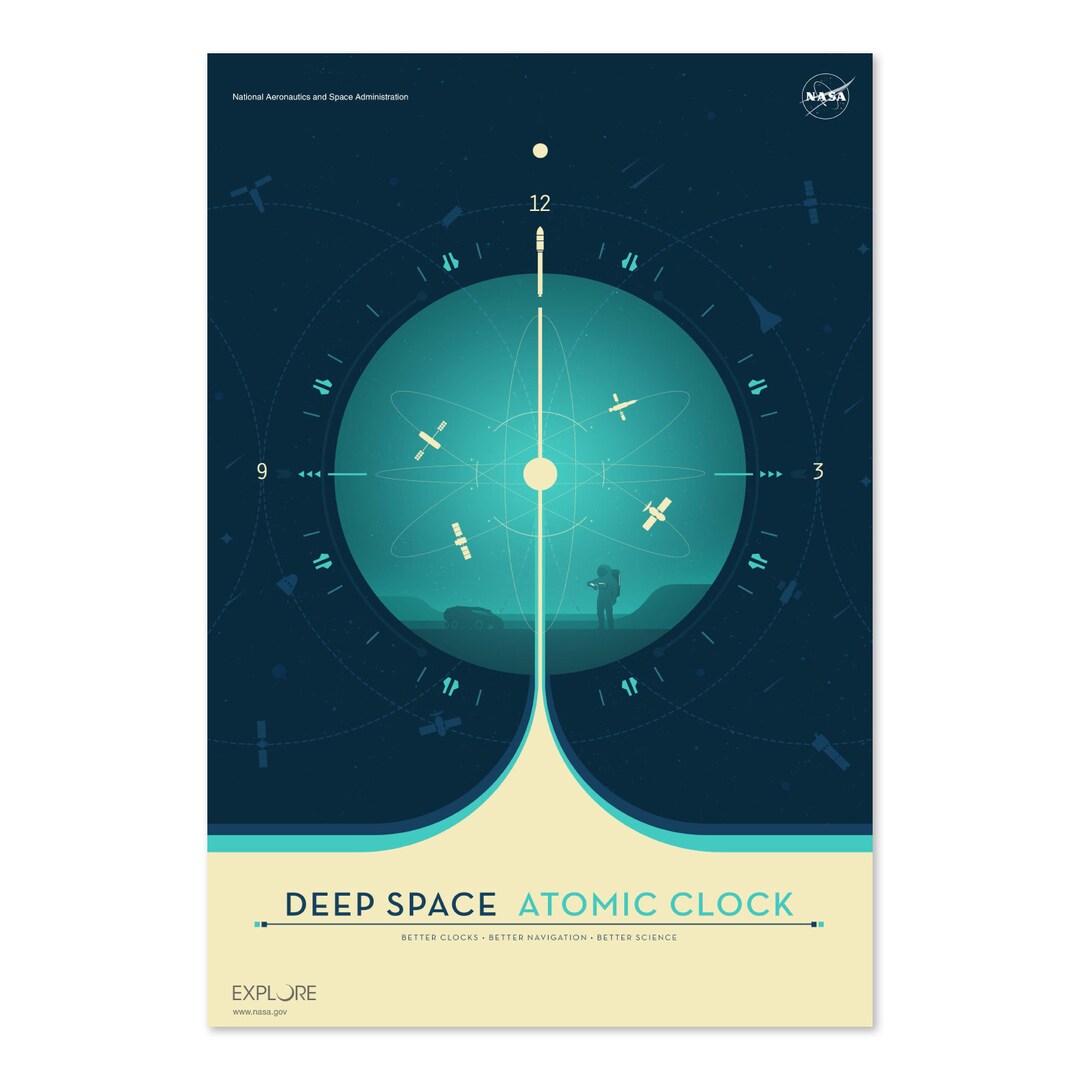 NASA Retro Style Travel Poster - Deep Space Atomic Clock! - Space ...