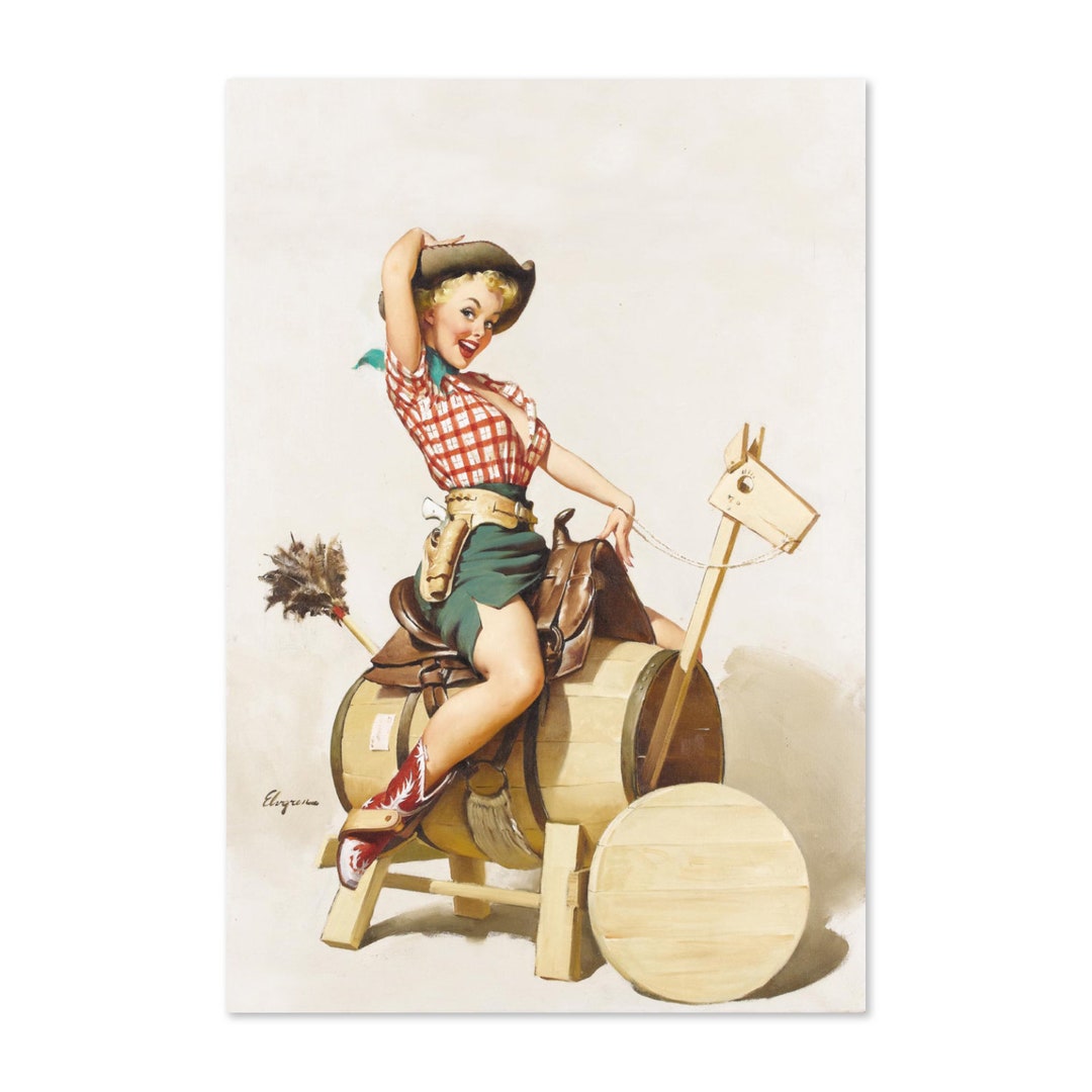 Elvgren Western Pinup Girl Sitting Pretty Cowgirl Rodeo Horse Poster ...