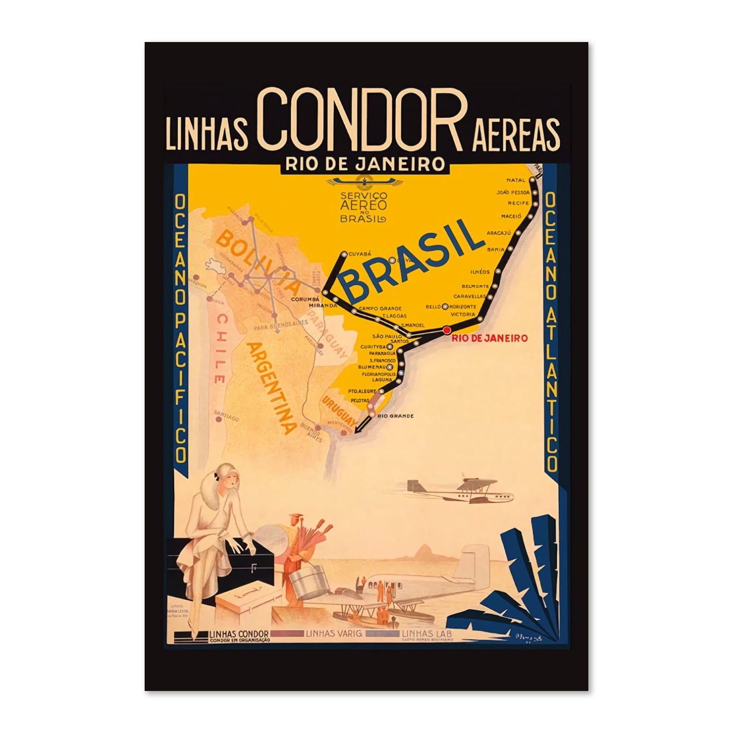 Rio De Janeiro 1930s Condor Airline Vintage Style Travel Poster ...
