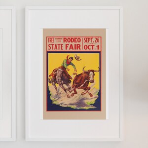 State Fair Rodeo - 1930s Cowboy Steer Wrestler Western Poster | Classic ...